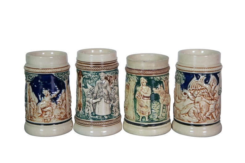 4 Vintage German Miniature Ceramic Fairy Tale Beer Steins Mugs Cups 4 ...