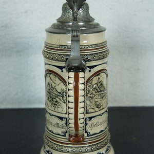 Vintage German Lidded Ceramic Beer Stein Tavern Scene & Landscapes 1L ...