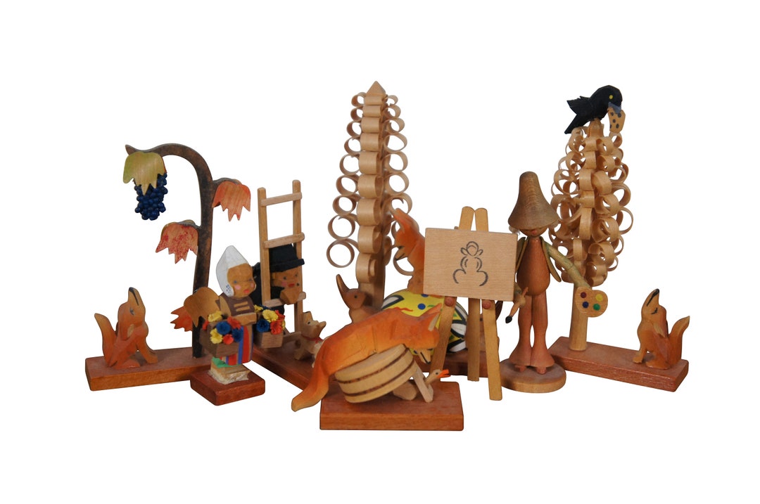 German Emil Helbig Erzgebirge Expertic Wooden Fox Bunny Tree Figurine ...