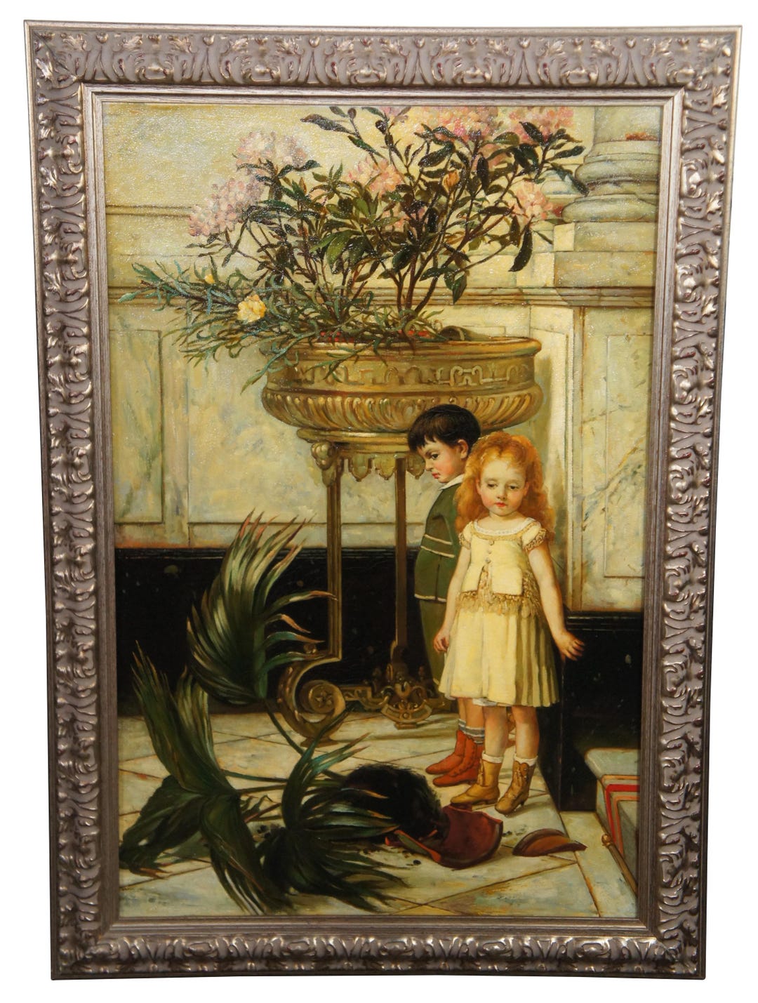 Jan C. Verhas 'the Broken Flower Pot' Painting Children Flowers Framed ...