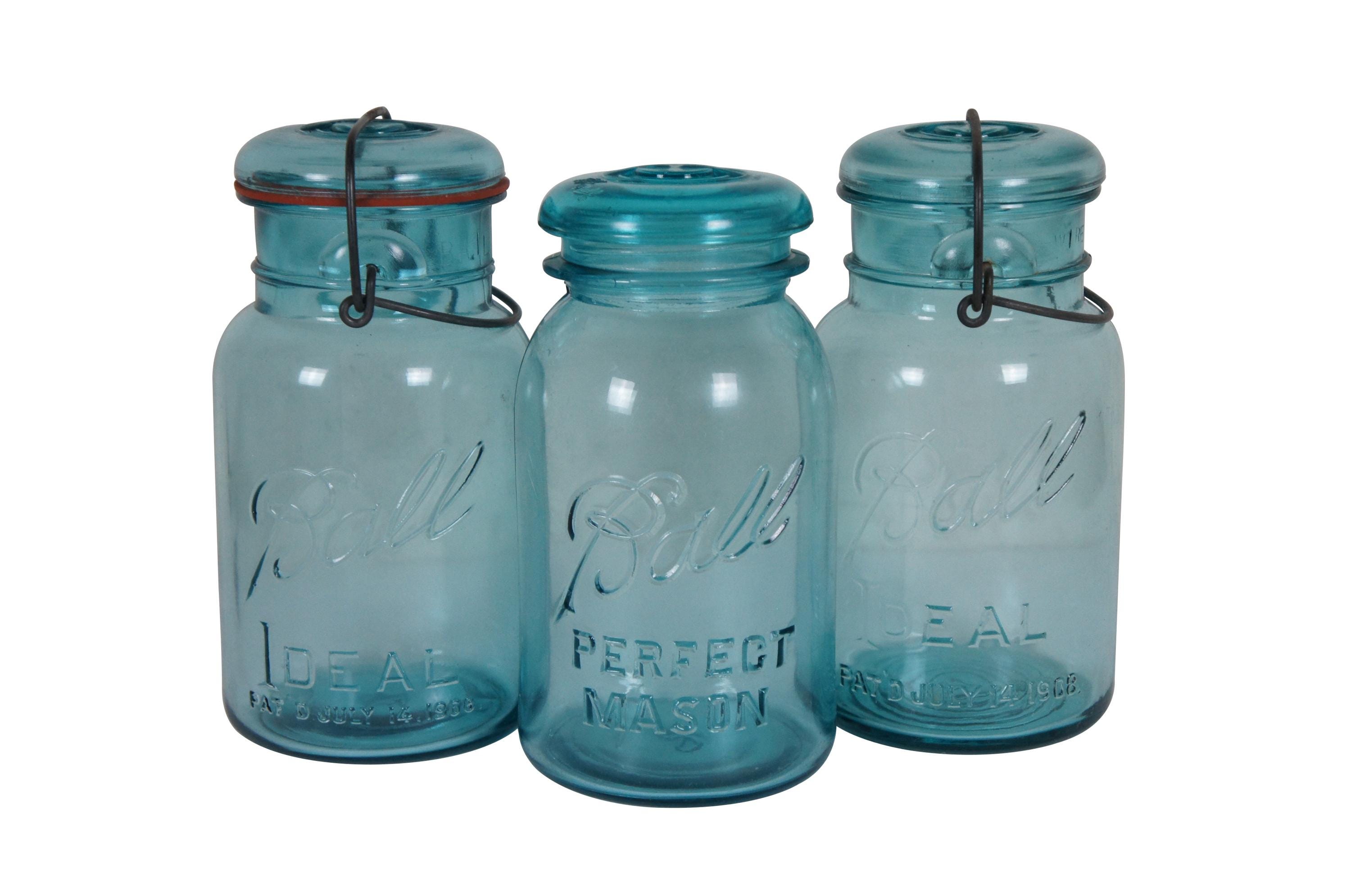 3 Antique 1920s Ball Perfect Mason Ideal Blue Glass Canning Jars 32 Oz ...