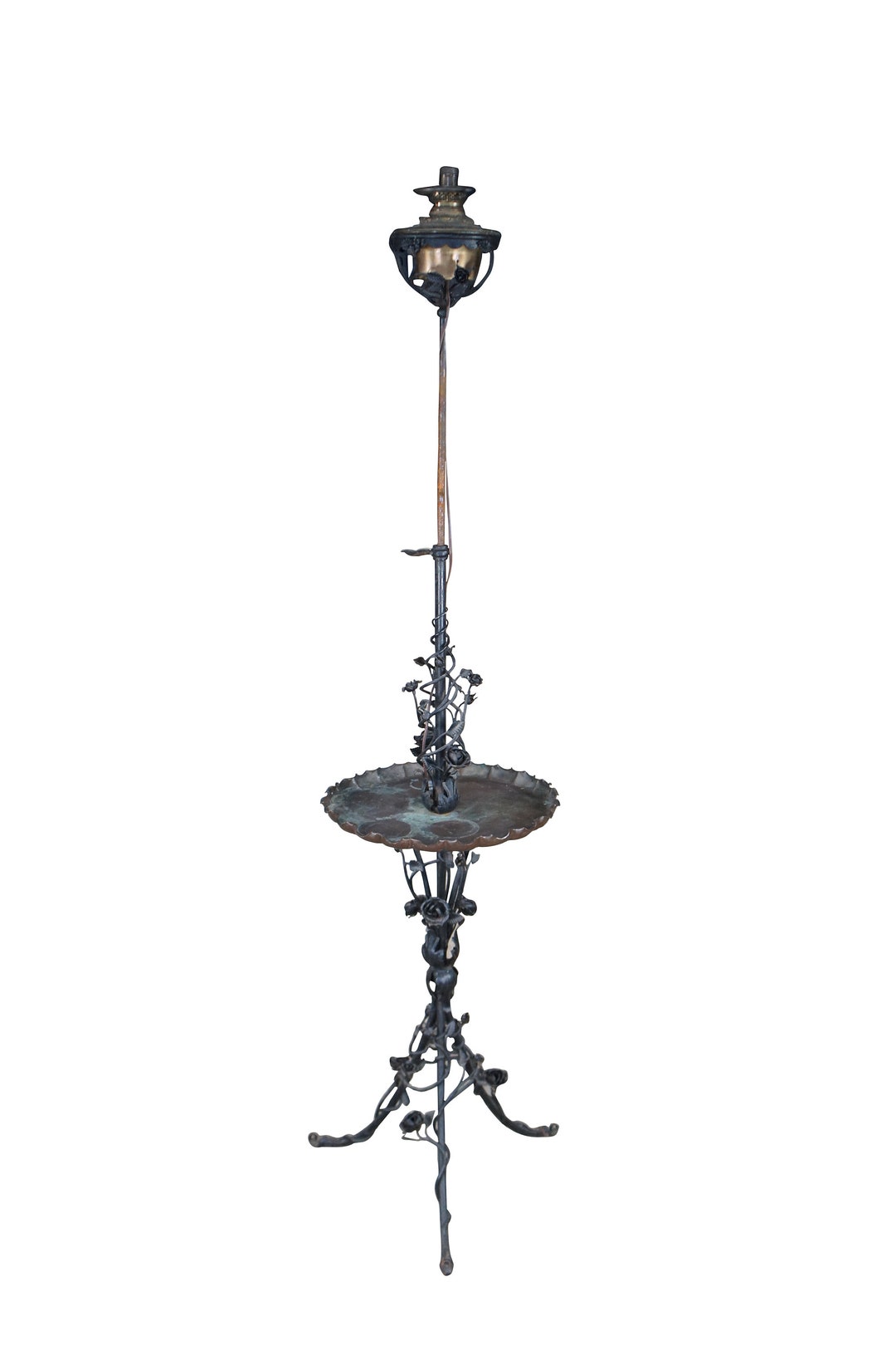 Antique Forged Iron Rose Tripod Tray Table Oil Lamp Lantern Floor Lamp ...