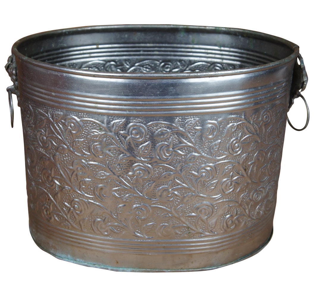 Vintage Embossed Metal Bucket Bin Trash Waste Can Planter Ice Wine 15 ...