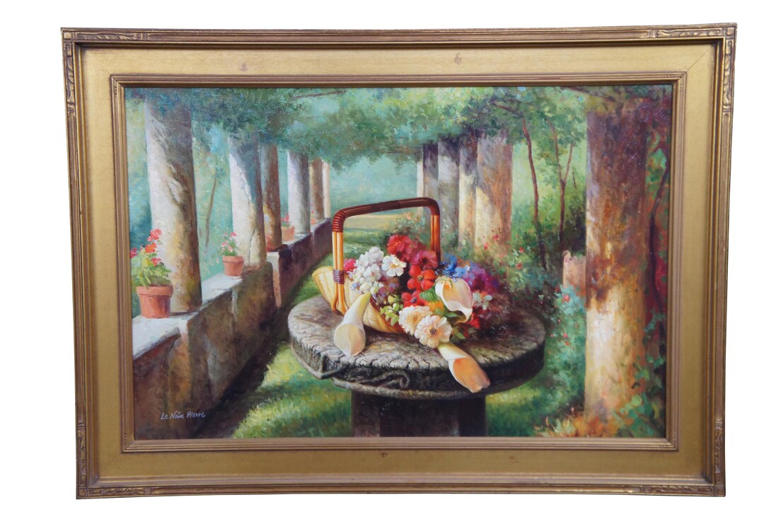 Le Nain Pierre French Still Life Basket of Flowers in Garden Oil ...