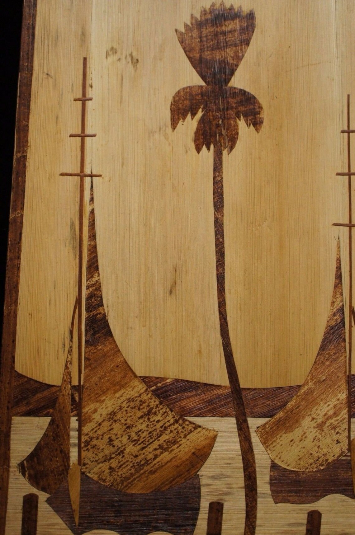 Native Polynesian Folk Art Wood Panel Seascape Teak Boats Palm Trees ...