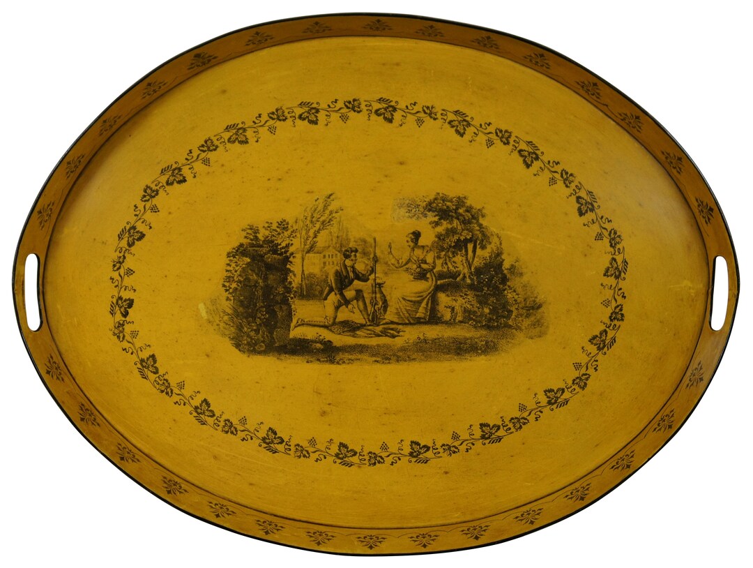 Antique Italian Toleware French Provincial Toile Tray Oval Lithograph ...