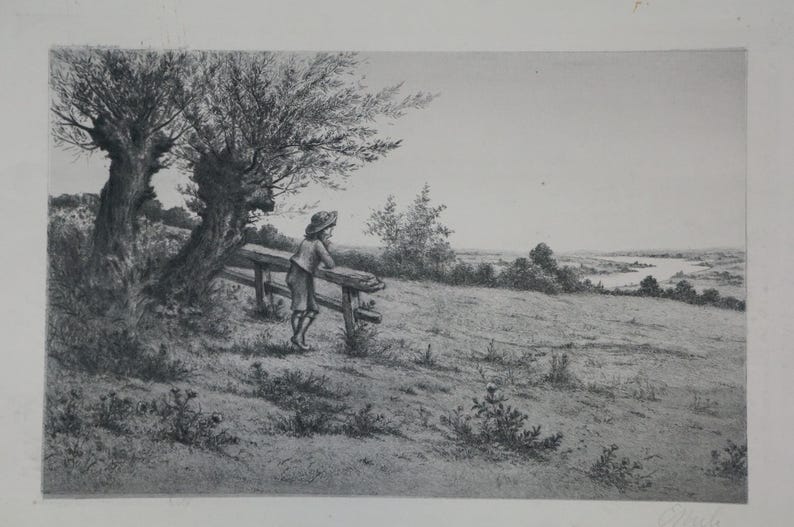 Antique Emil Milo Signed the Survey Pastoral River Landscape Etching 18 ...