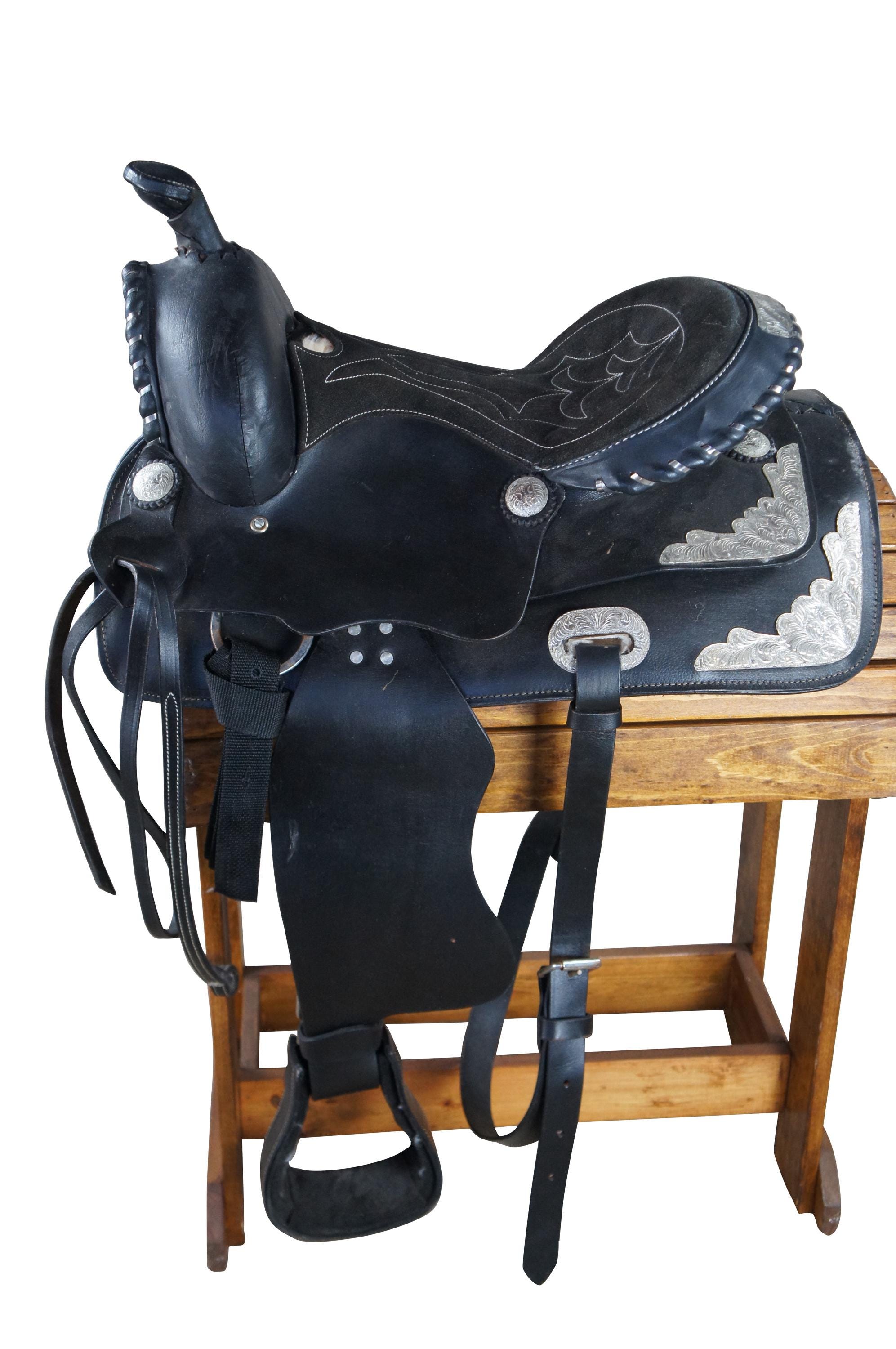 Vintage American Western Black & Silver Tooled Leather Embossed 16 ...