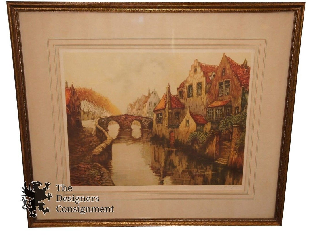 Beautiful Rustic Scenic River Print W/ Bridge & Reflections Gilded ...