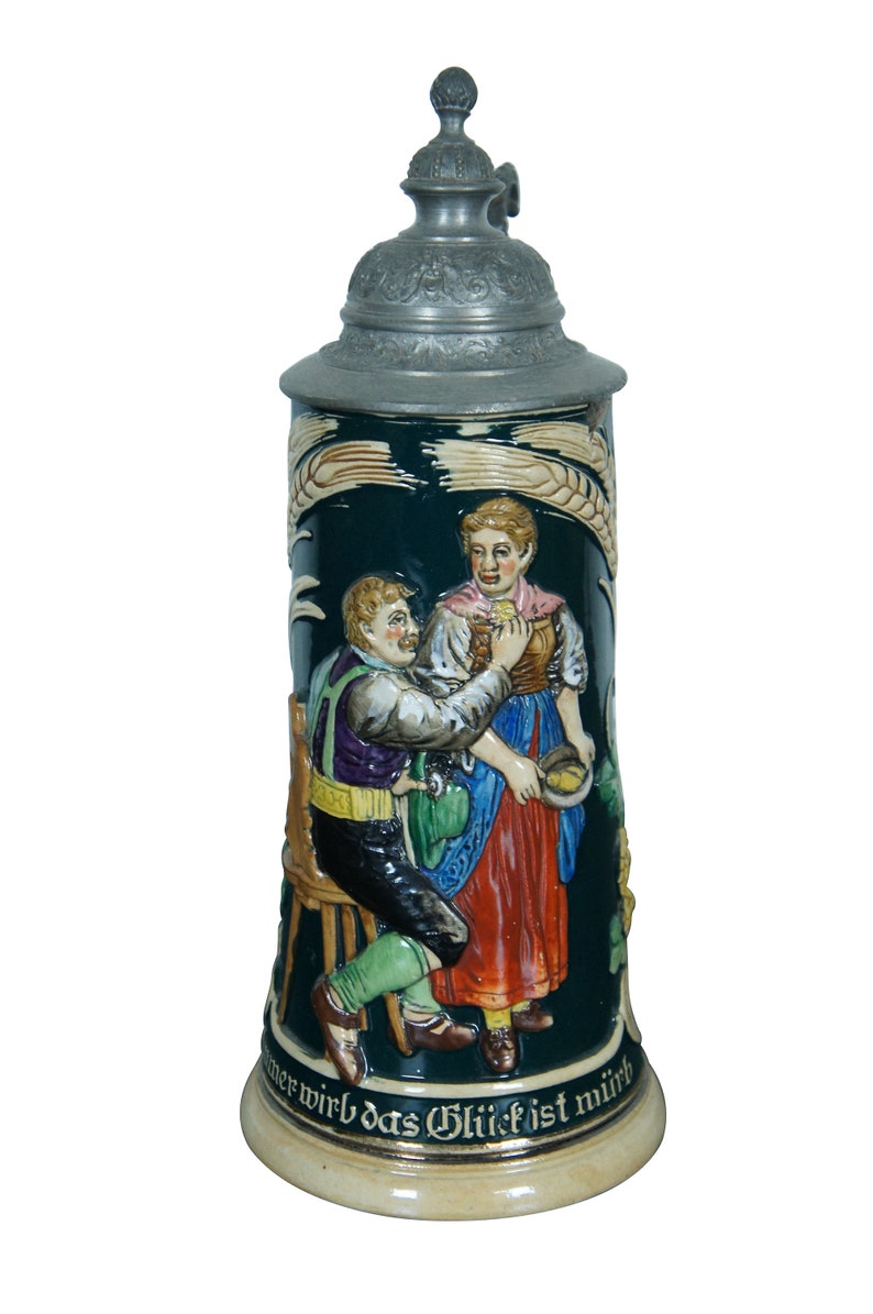 Vintage Gesetzlich Geschutzt Ceramic Lidded Beer Stein Barley & Figures ...