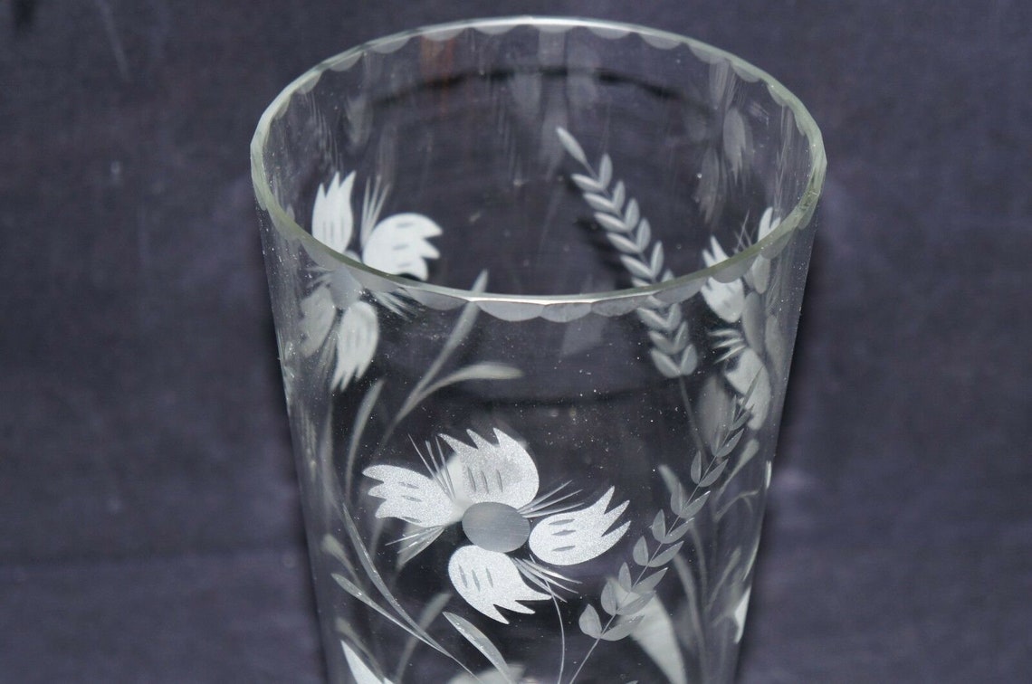 Large Round Etched Frosted Flowers Floral Designs Clear Glass | Etsy