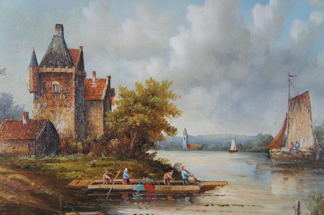Vintage Dutch Village Landscape Oil Painting on Board River Boats ...
