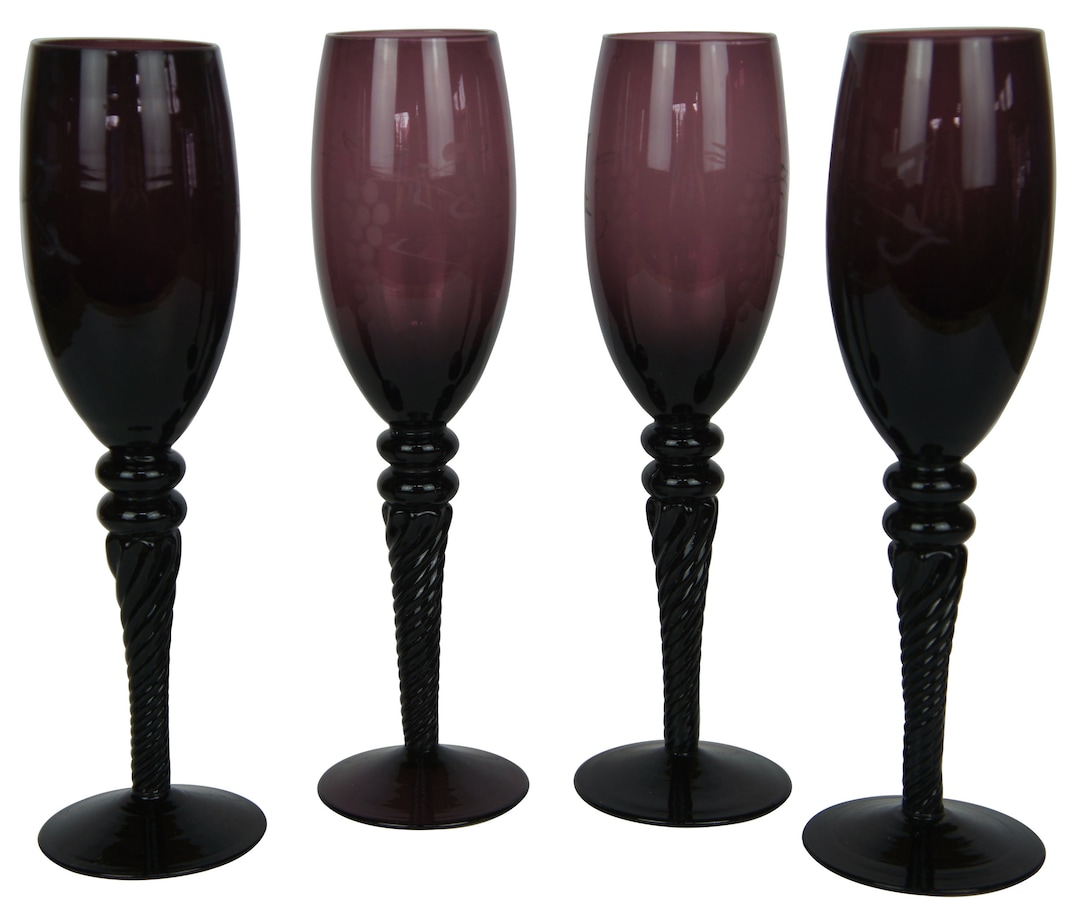 4 Vintage Amethyst Purple Grape Glass Champagne Toasting Flutes Wine ...