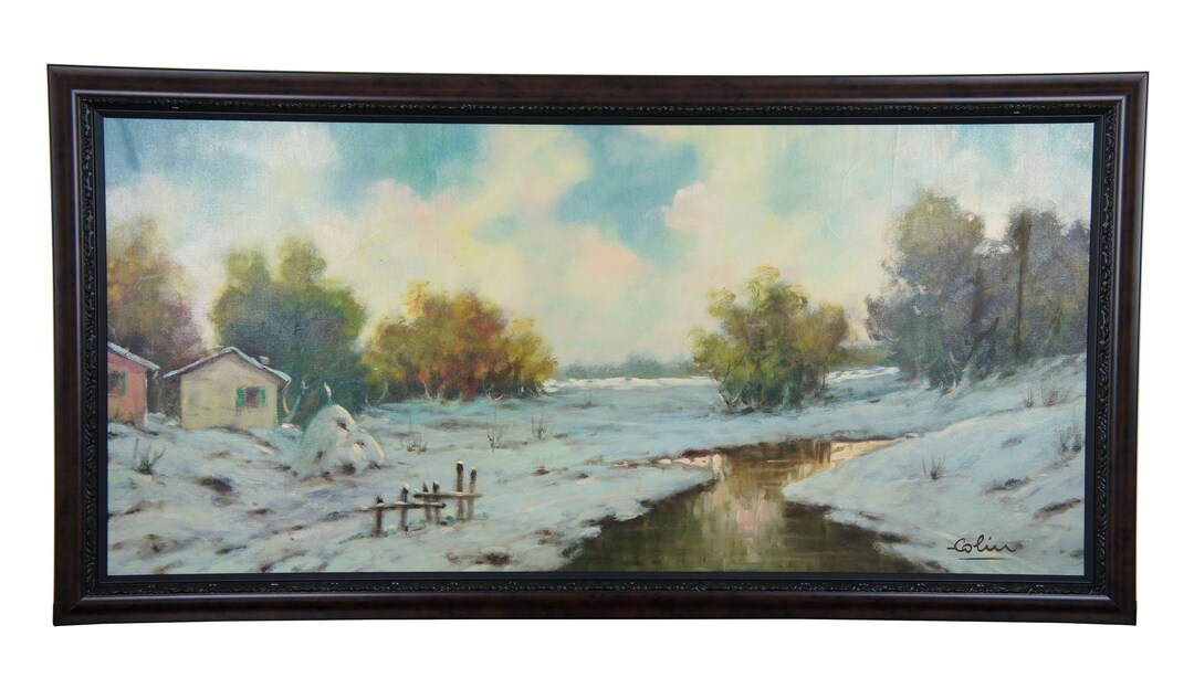 Mid Century Winter Country Landscape Painting Panoramic View Signed ...