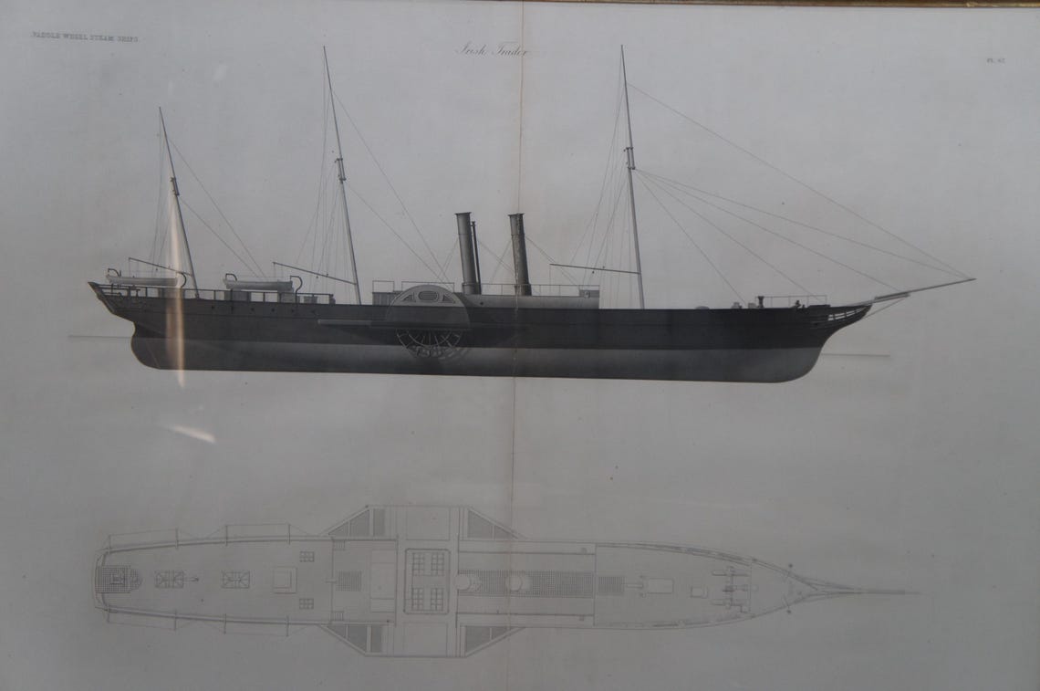 1864 John Scott Russell Paddle Wheel Blueprint Steam Ship Engraving ...