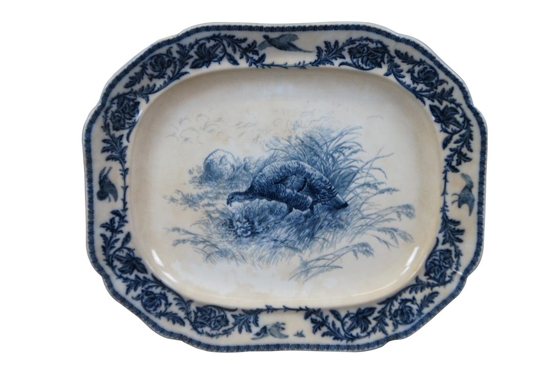 Antique 19th Century Flow Blue Turkey Meat Serving Platter Cauldon ...