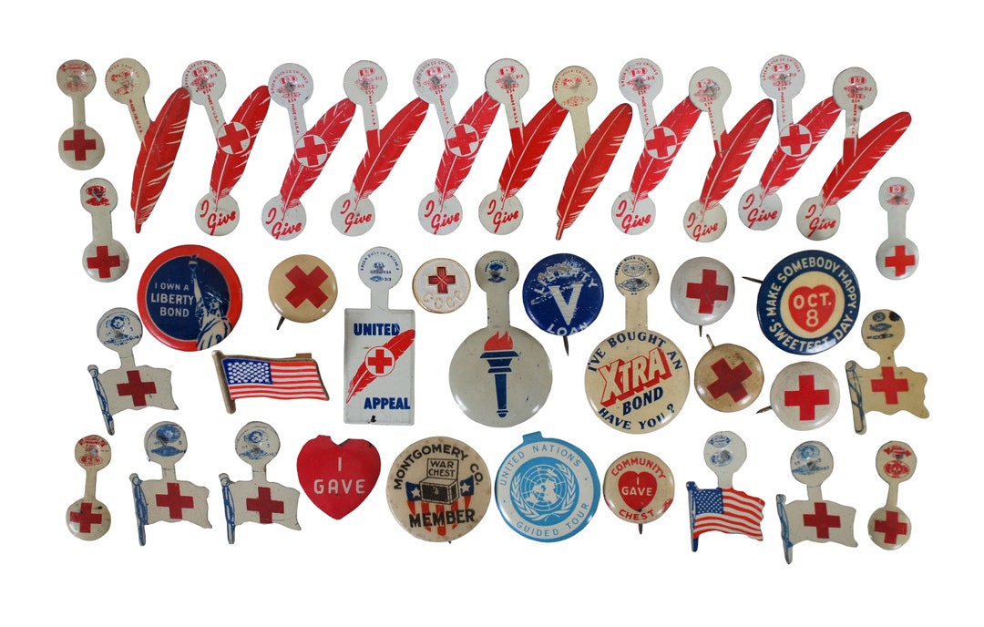 40 WWI & WWII First Aid Pins Tabs Red Cross Blood Donation Liberty Bond ...