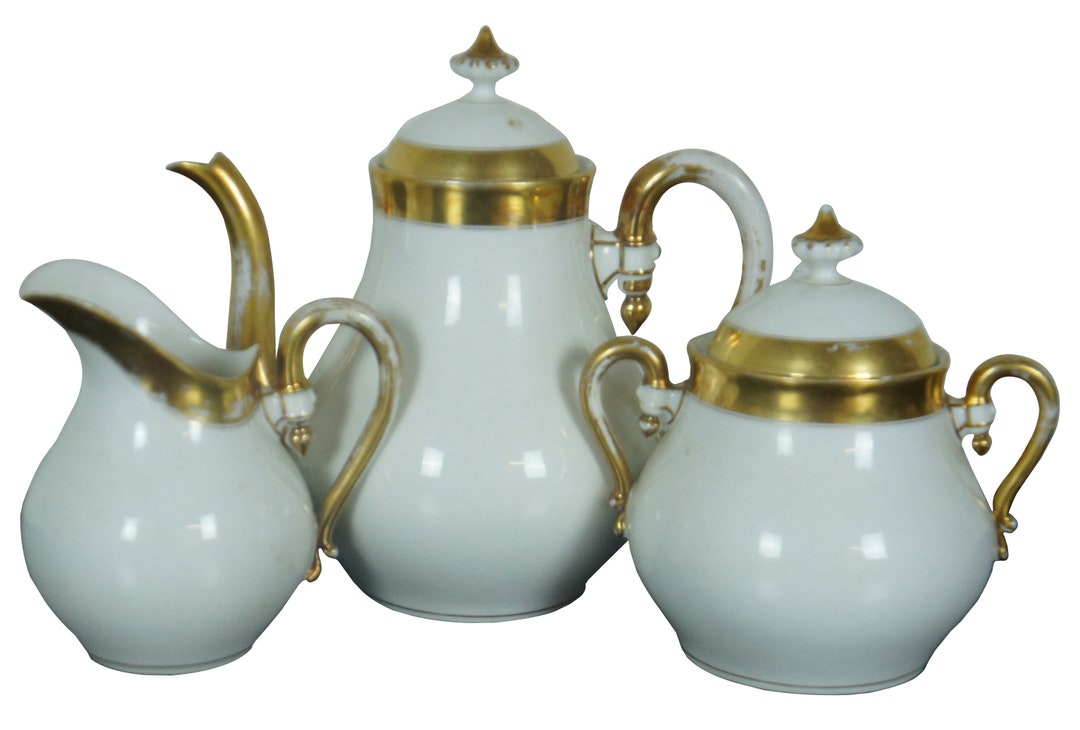 Antique 19th Century Gilded Porcelain Tea Set Teapot Creamer Sugar Bowl ...