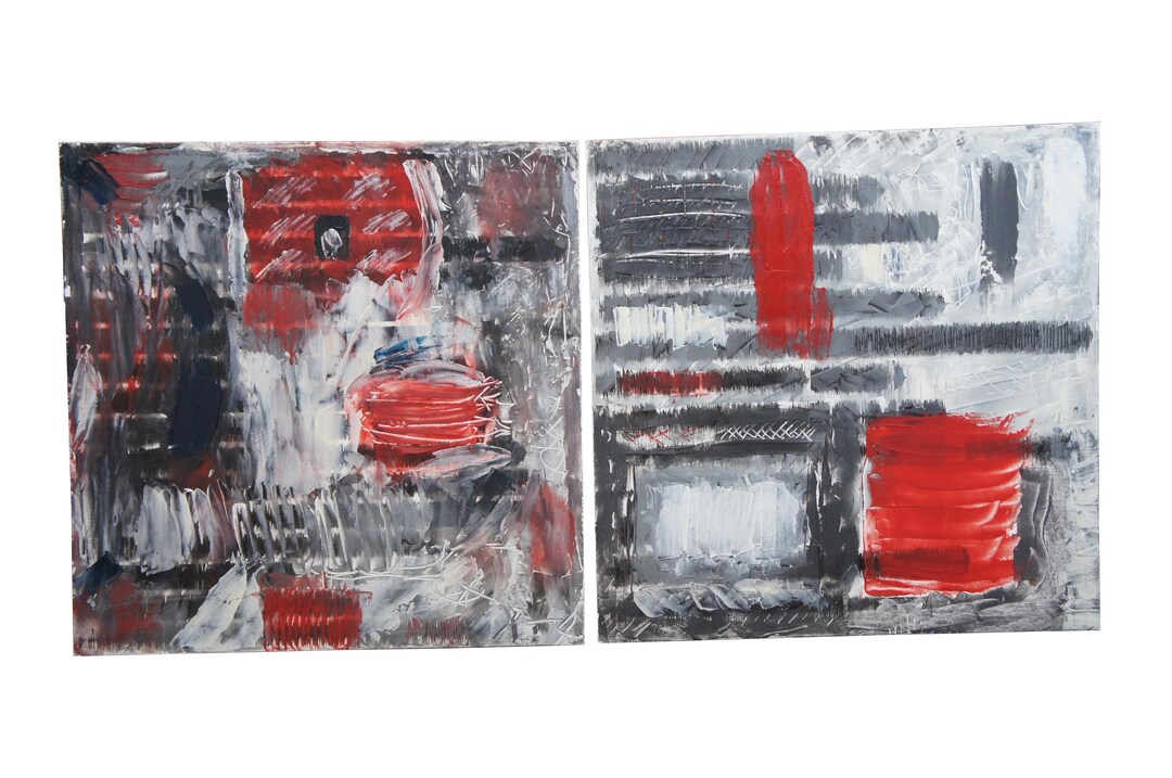 2 Abstract Modern Art Red & Gray Oil Paintings on Board Wall Decor Pair ...
