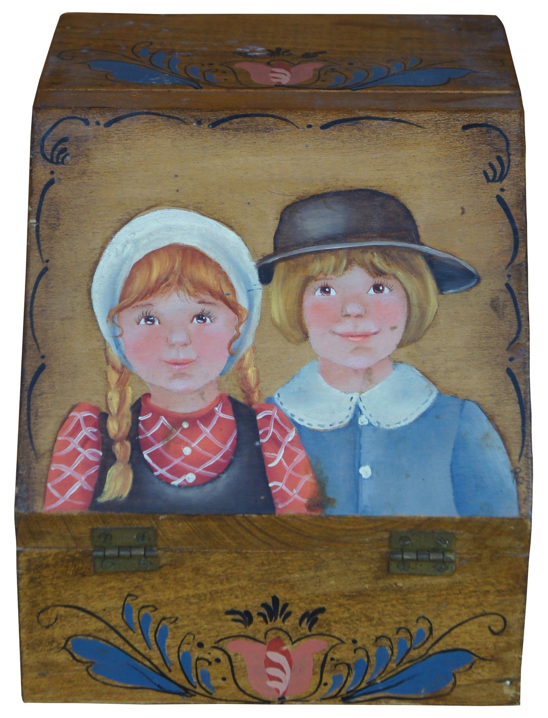 Vintage Hand Painted Folk Art Dutch Amish Wood Bread Box Country ...