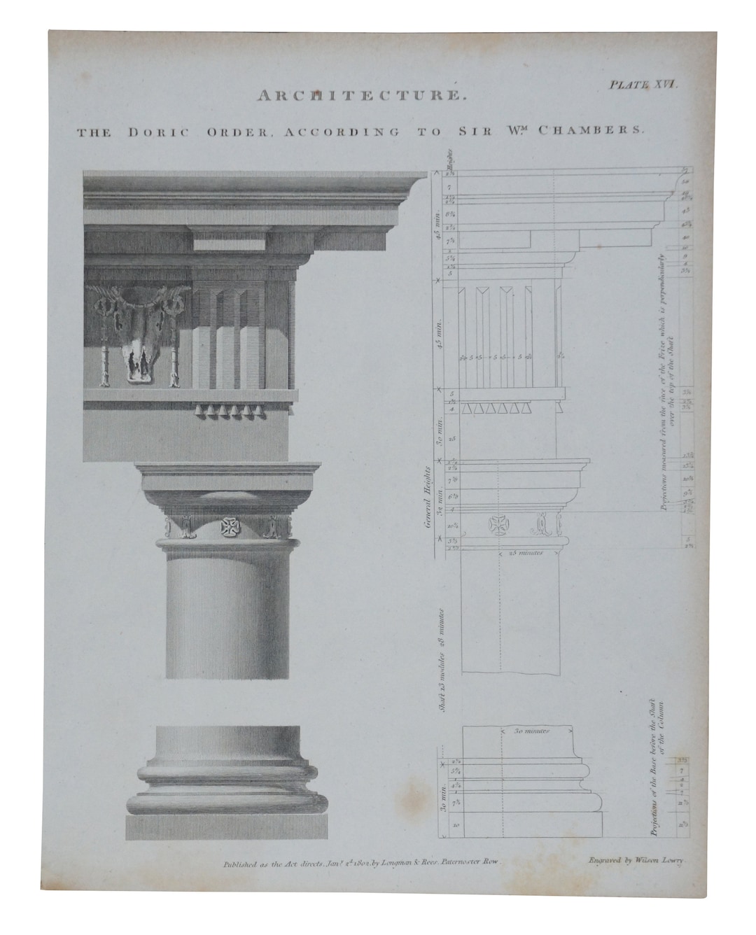 Antique 1802 Doric Order Column Architecture Engraving by Wilson Lowrey ...