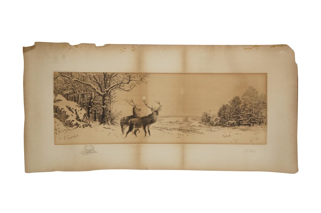 Antique Christian Rost Signed Winter Elk Panoramic Landscape Etching 28 ...
