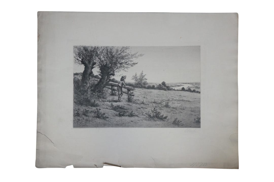 Antique Emil Milo Signed the Survey Pastoral River Landscape Etching 18 ...
