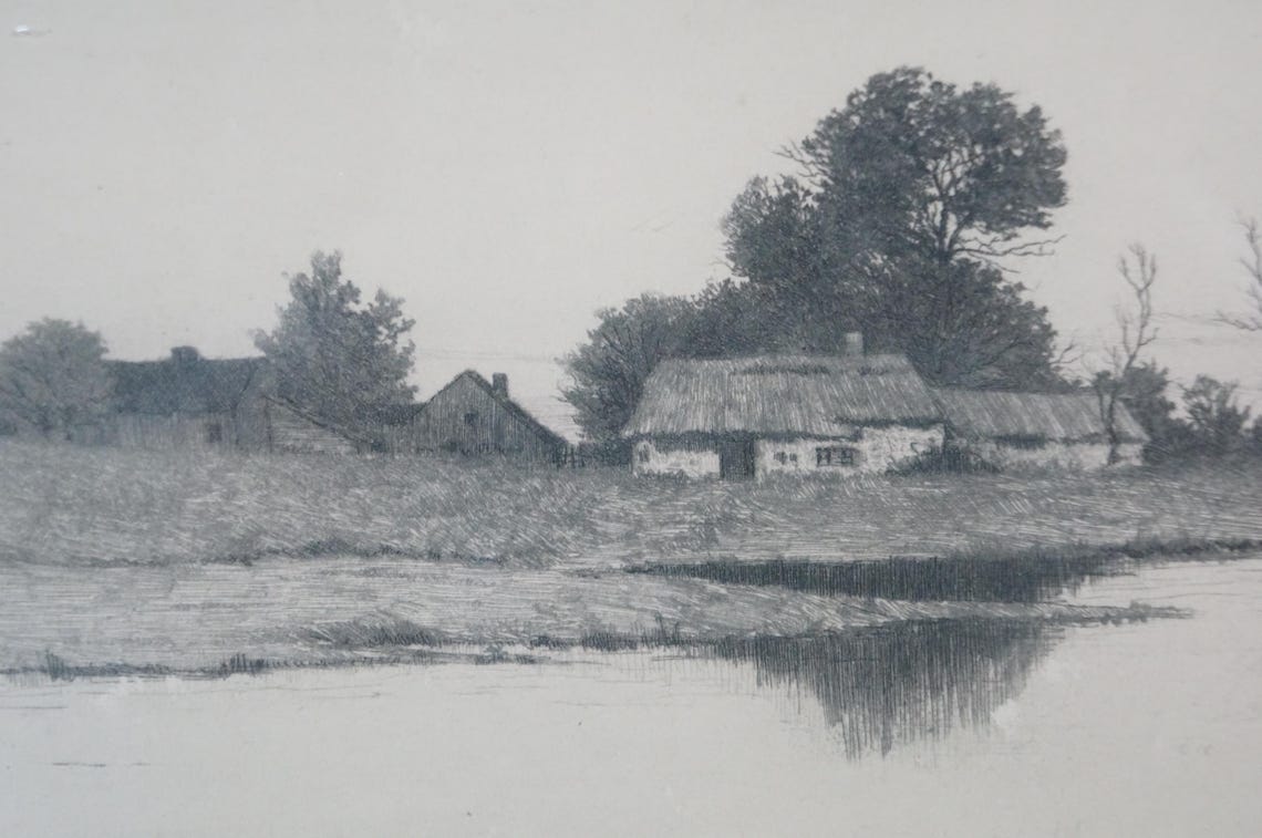 Antique Alfred J Haller Country Landscape Thatched Cottage Lake Etching ...
