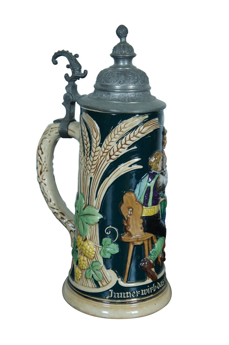 Vintage Gesetzlich Geschutzt Ceramic Lidded Beer Stein Barley & Figures ...