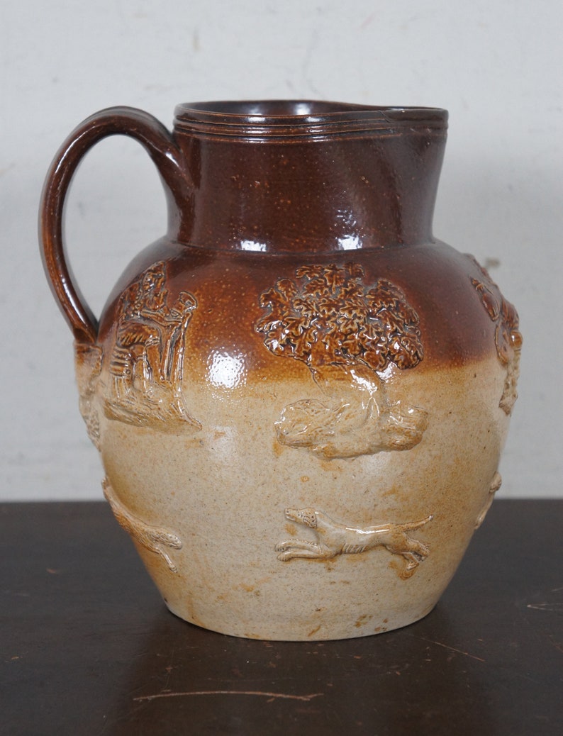 Antique Salt Glaze Two Tone Stoneware Pitcher Fox Hunt Scene Windmill 7 ...