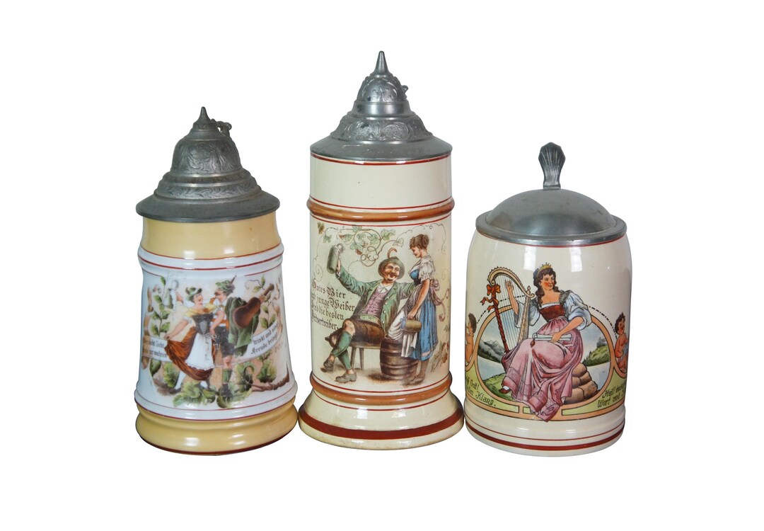 3 Antique German Ceramic Lidded Litho Beer Bar Steins Mugs Tankards - Etsy