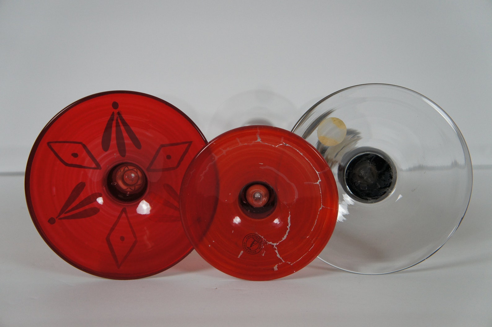 3 Hand Blown Romanian Artisan Art Glass Painted Candlesticks Taper Trio ...
