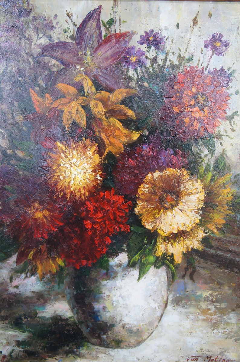 Still Life Floral Oil Painting by Van Matino Vibrant Flower Bouquet in ...