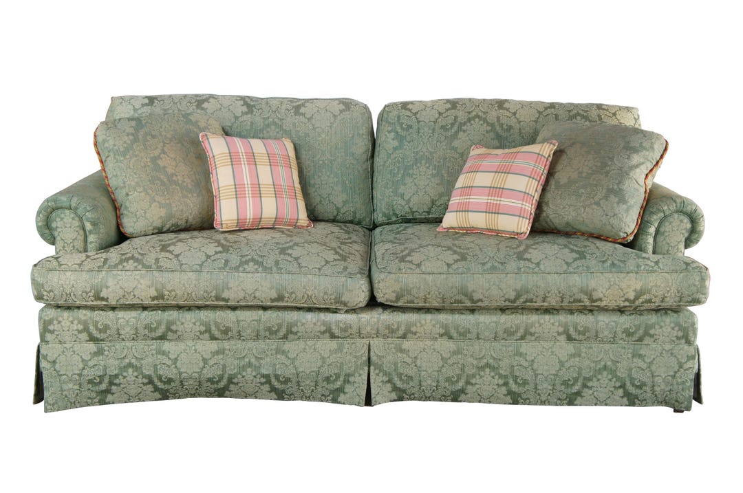 Vintage Baker French Damask Green 2 Seat Rolled Arm Down Filled Sofa ...