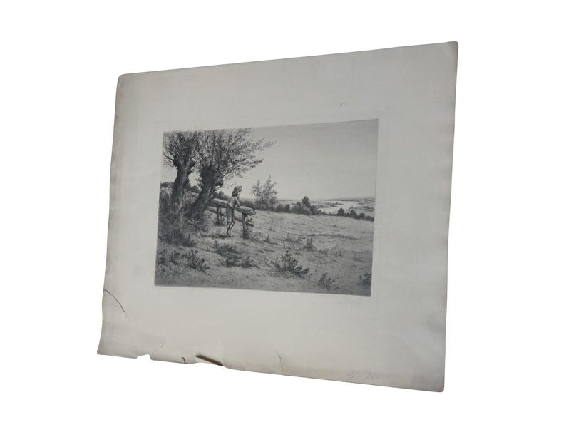 Antique Emil Milo Signed the Survey Pastoral River Landscape Etching 18 ...