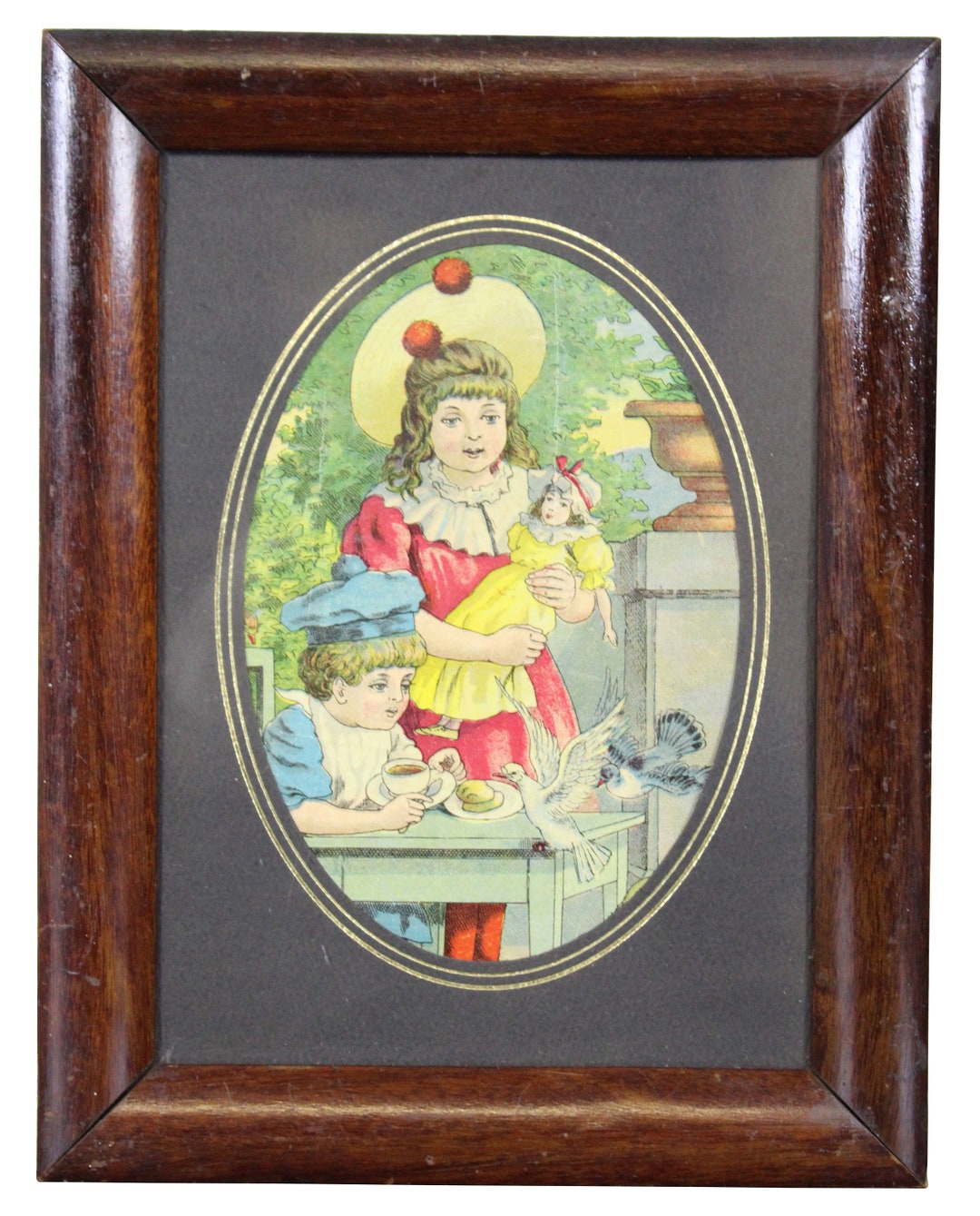 Antique Victorian Colored Lithograph Print Garden Tea Party Children ...