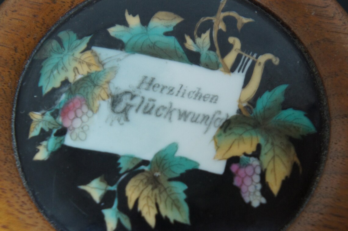 2 Antique German Porcelain Wood Framed Wall Plaque Sign Congratulations ...