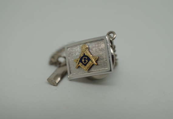 Swank Sterling Silver Enamel Masonic Lapel Pin Compass - Gem