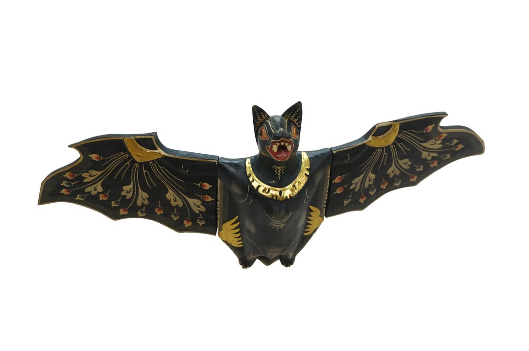 Balinese Carved Wood Flying Bat Mobile Spirit Chaser Cradle Guardian 22 ...