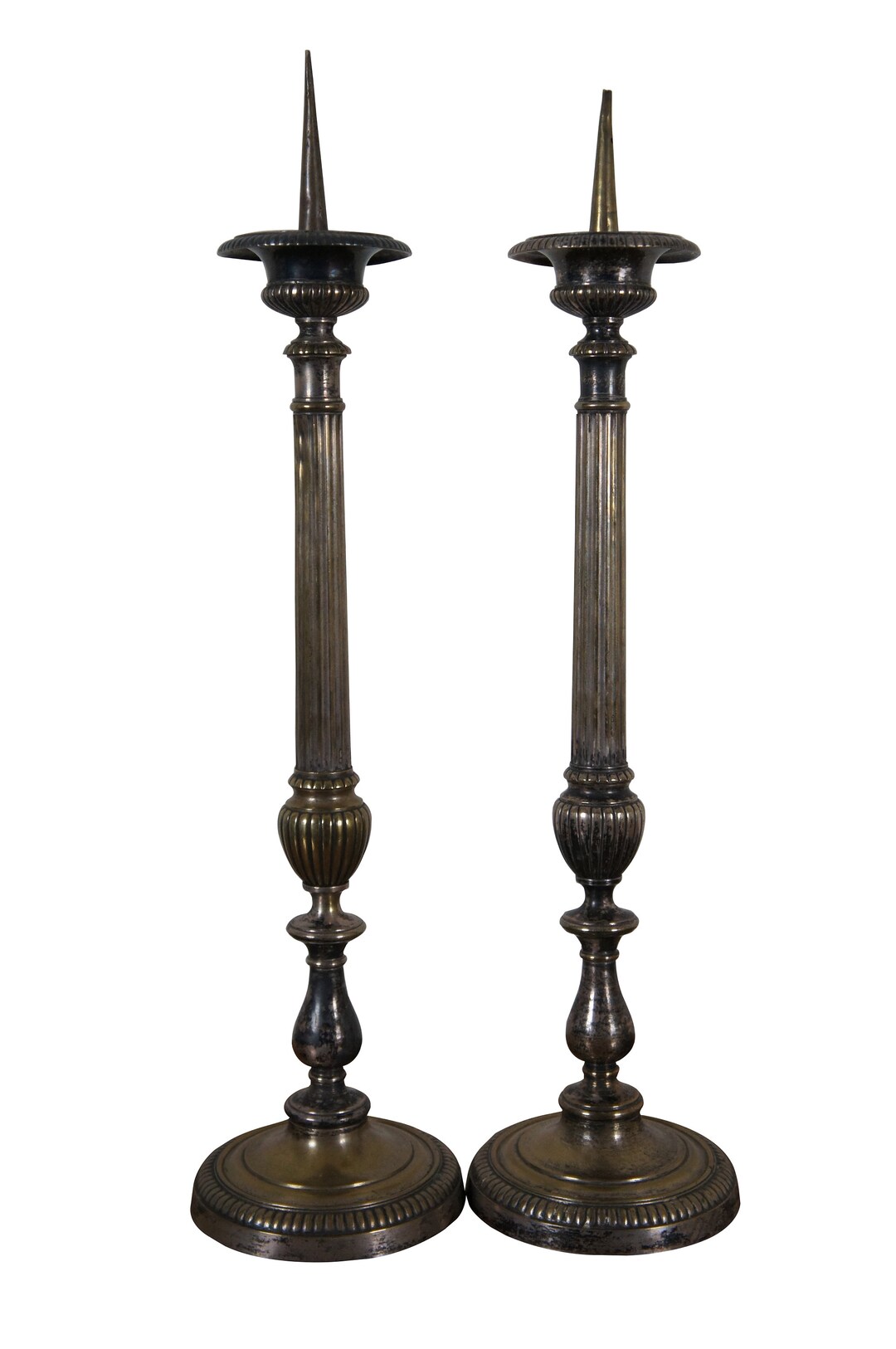 2 Antique French Silver Plate Church Temple Altar Pricket Canldesticks ...