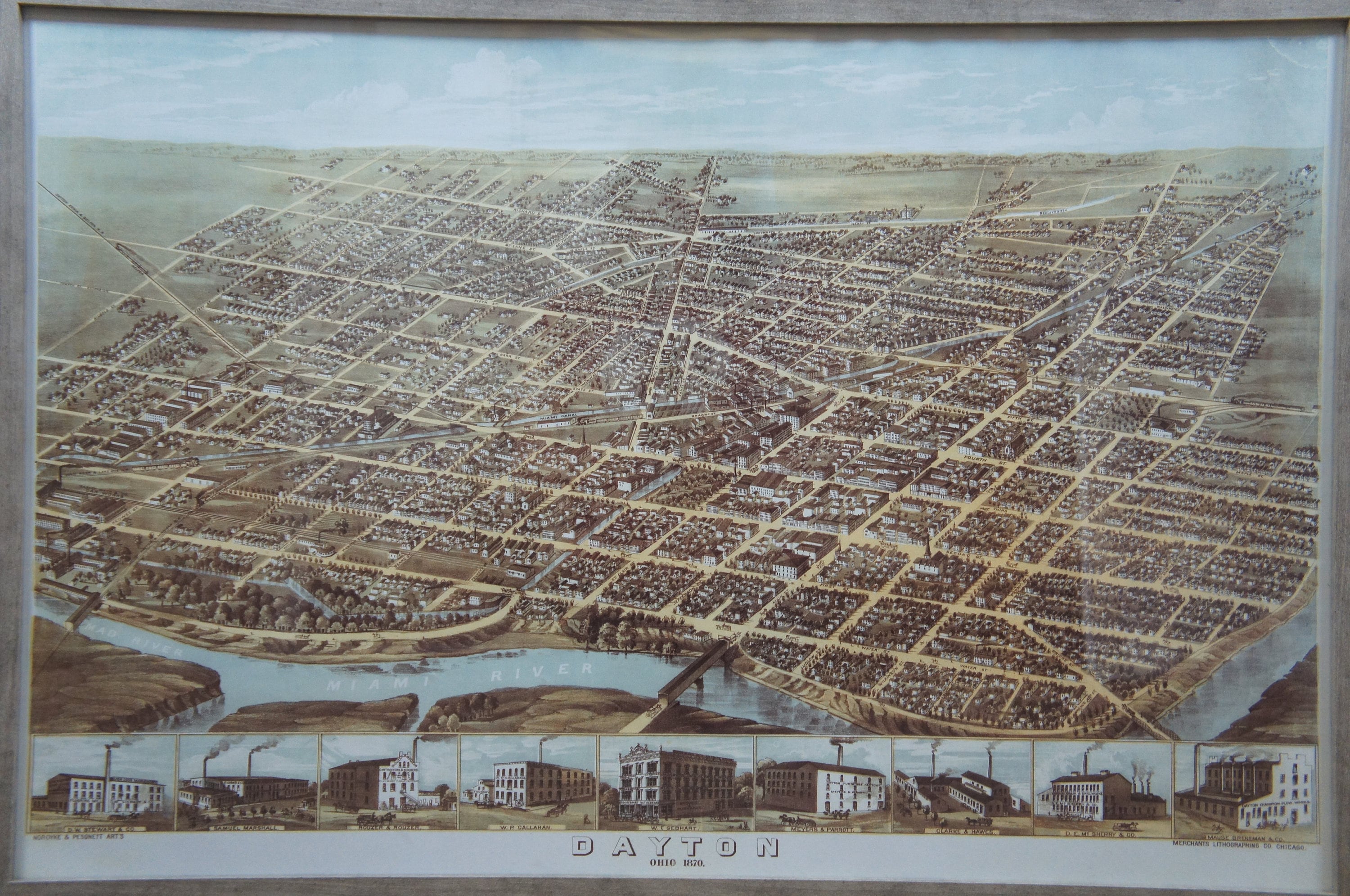 Birds Eye View of Dayton Ohio 1870 Colored Print Cityscape Map Framed ...