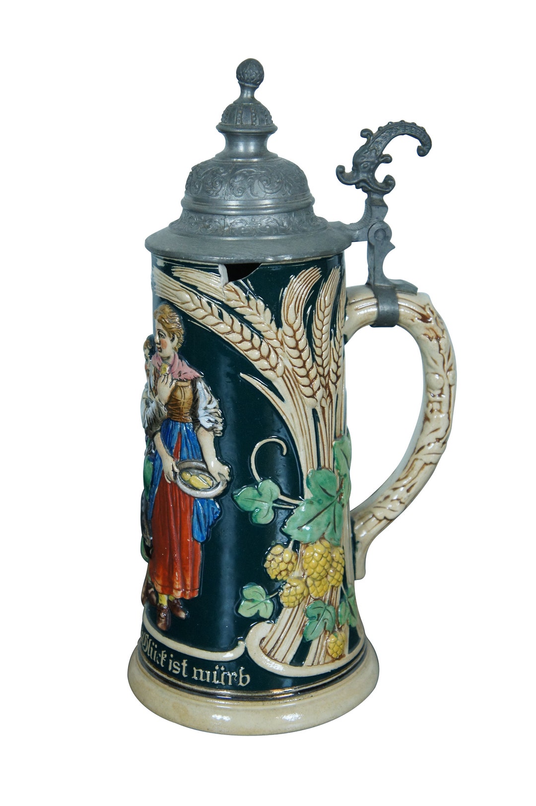 Vintage Gesetzlich Geschutzt Ceramic Lidded Beer Stein Barley & Figures ...