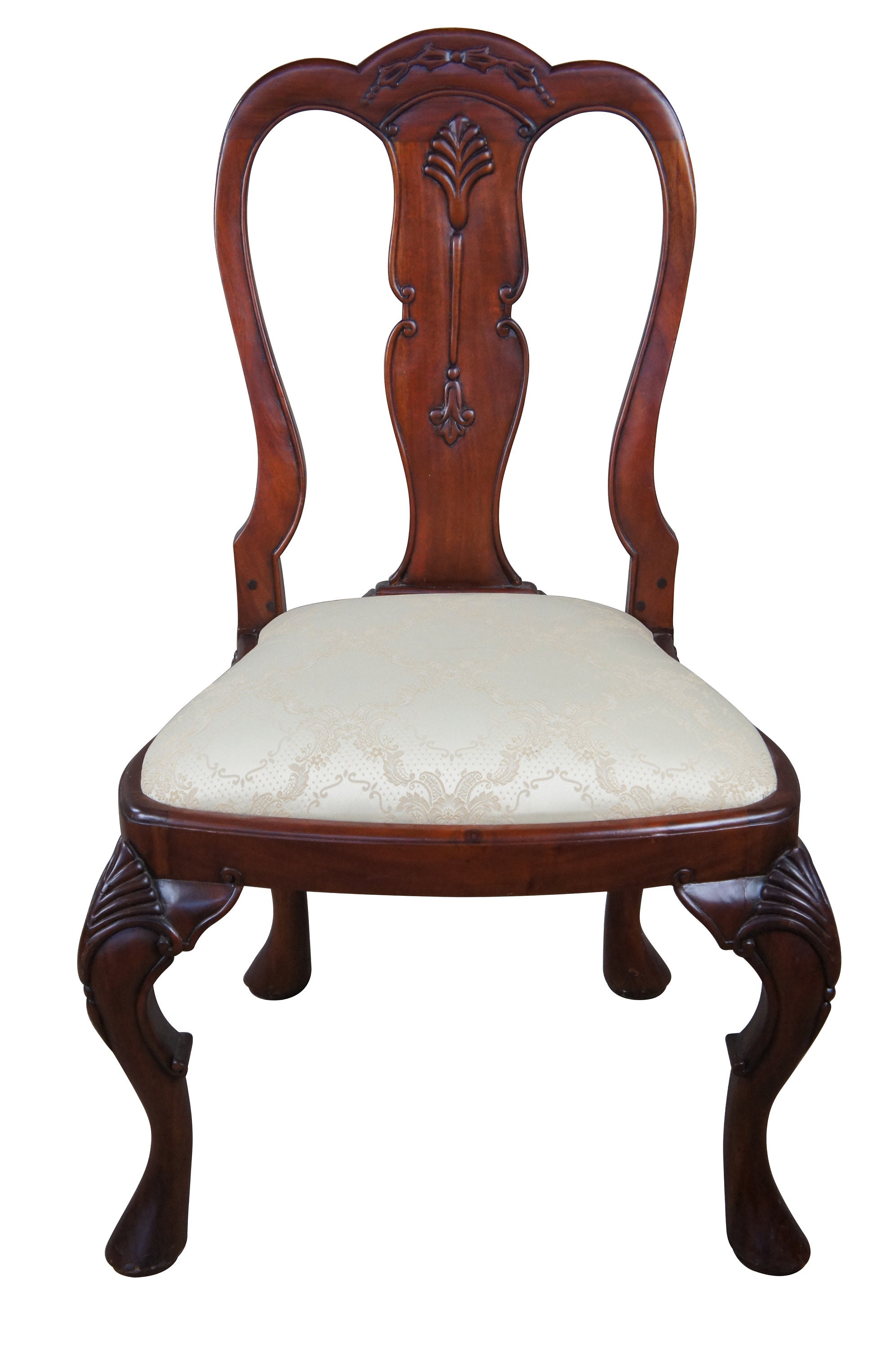 Georgian Queen Anne Style Carved Mahogany Dining Side Desk Chair Brocade Seat Etsy