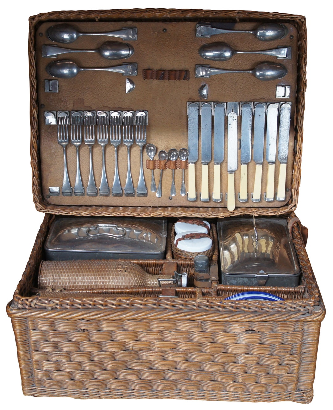 Antique German Wicker Picnic Basket Travel Set Bohemian Enamel - Etsy