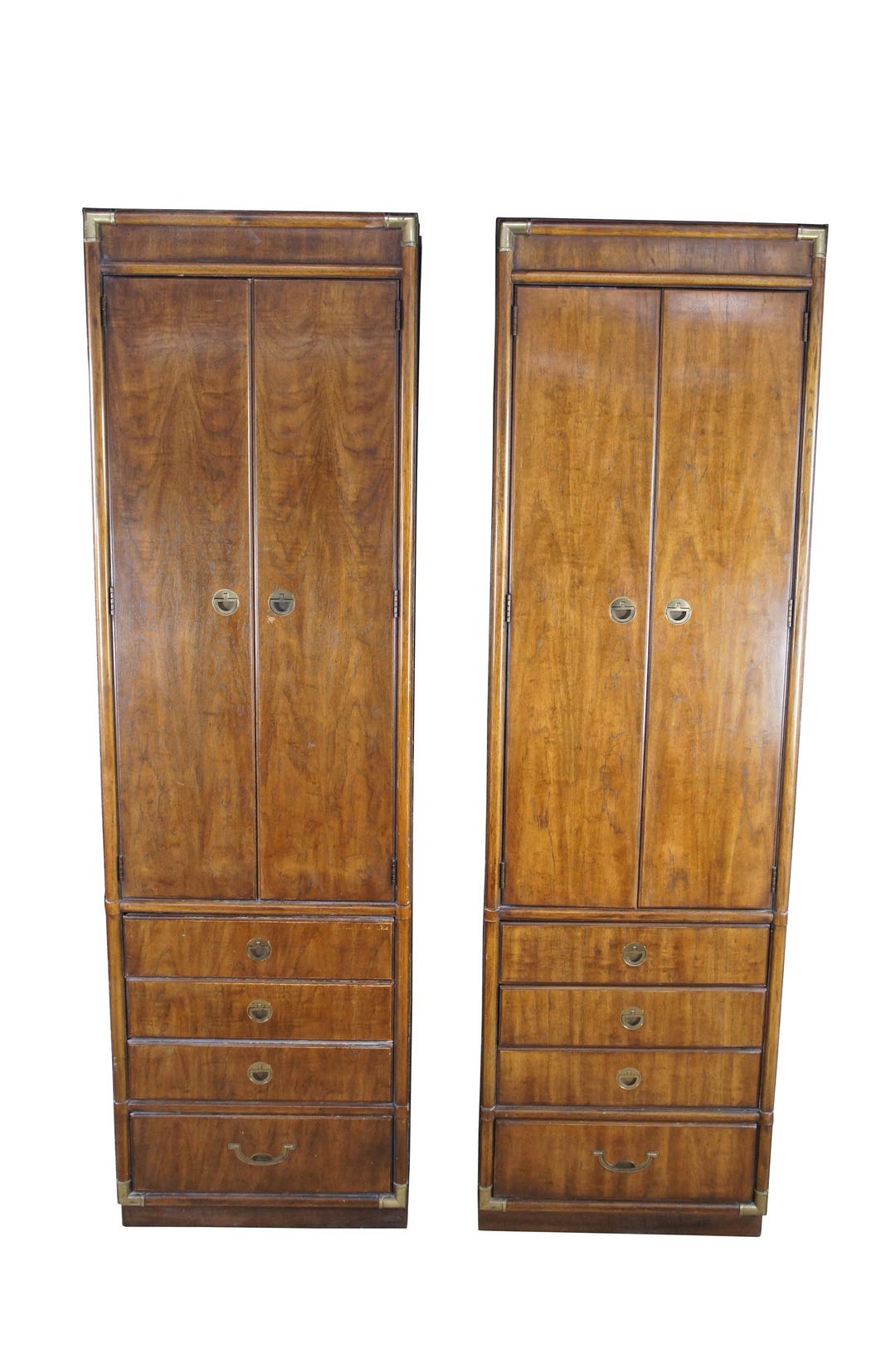 2 Drexel Heritage Accolade II Walnut Campaign Cabinets Armoire Wardrobe ...