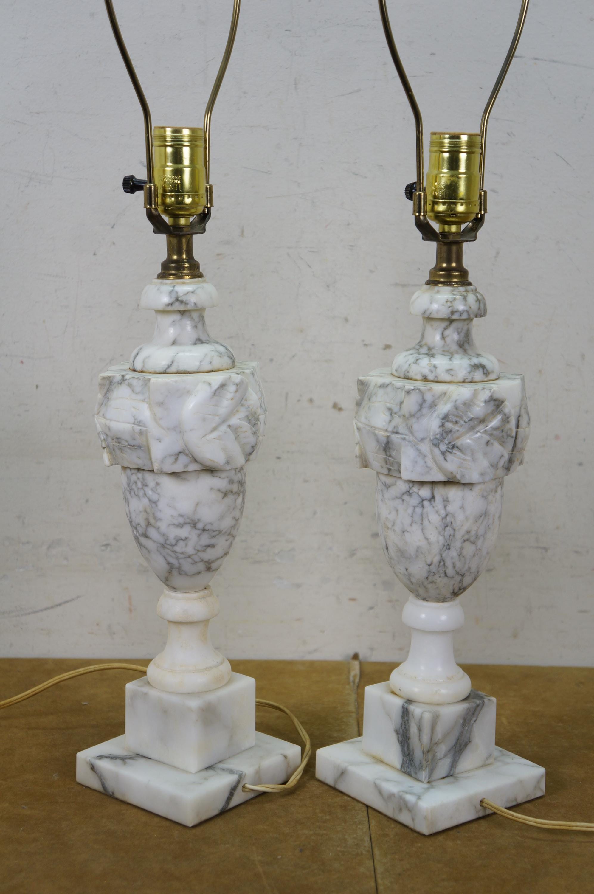 2 Mid Century Gray & White Alabaster Marble Trophy Urn Table Lamps Pair ...