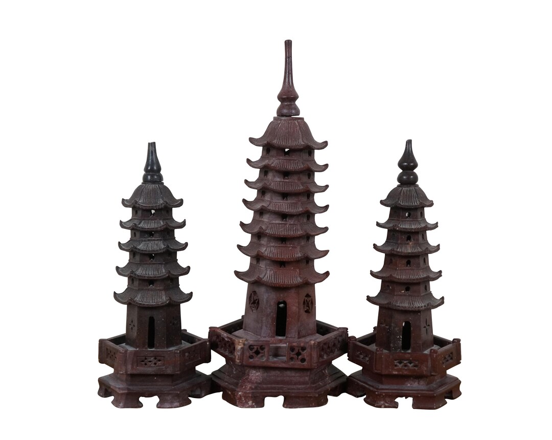 3 Chinese Red Soapstone Five & Seven Tier Pagoda Temple Incense Burners ...