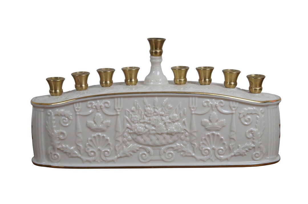 Vintage Lenox Ivory & Gold Embossed Porcelain Channuka Menorah Judaica ...