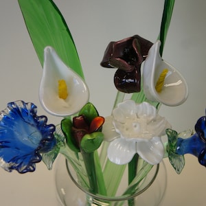 10pc Italian Murano Art Glass Long Stem Flower Bouquet Leaves & Vase 23 ...