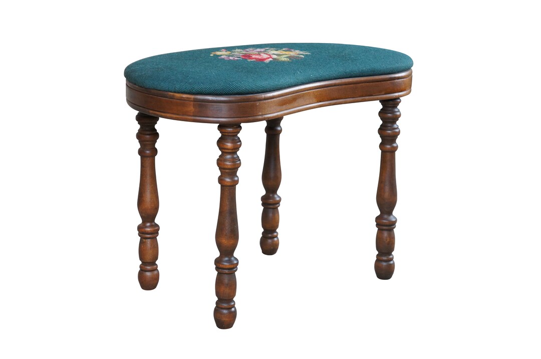 Mid Century Kidney Bean Green Floral Embroidered Foot Stool Piano Bench ...